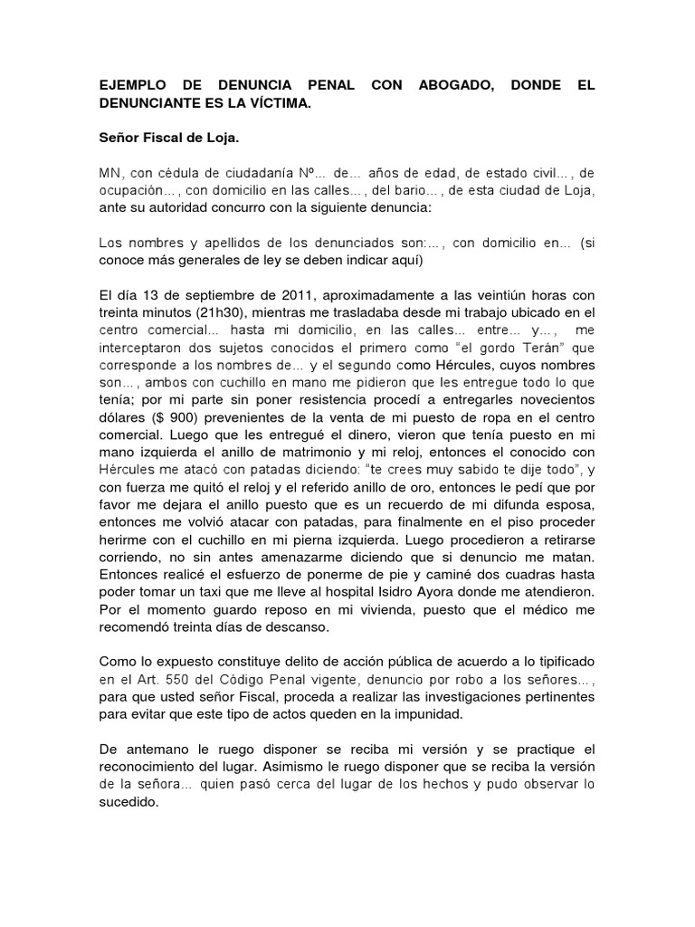 Ejemplo de Denuncia Penal Con Abogado | Derecho penal | Gobierno Ejemplo de Denuncia Penal Con Abogado | Derecho penal | Gobierno