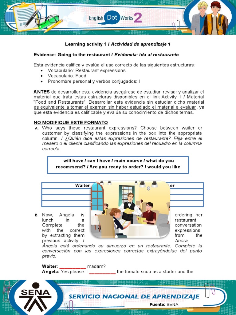 Expresiones de Restaurante y Vocabulario de Comida | PDF | Restaurantes ...