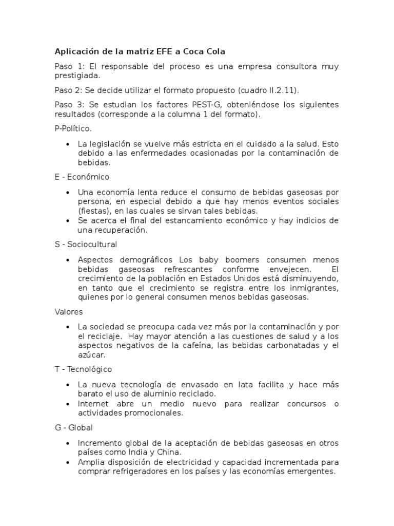 Aplicación de La Matriz EFE A Coca Cola | PDF | Coca Cola | Marketing