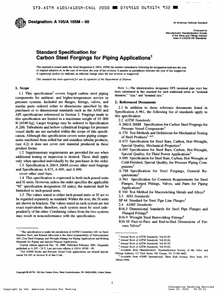 ASTM A 105-Standard Specification For Carbon Steel Forgings For Piping Applications | PDF | Iron ...