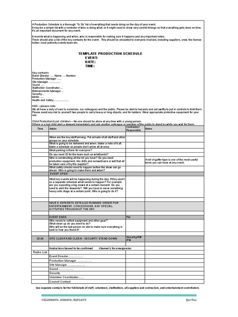 TEMPLATE Event Production Schedule | PDF | Safety | Wellness