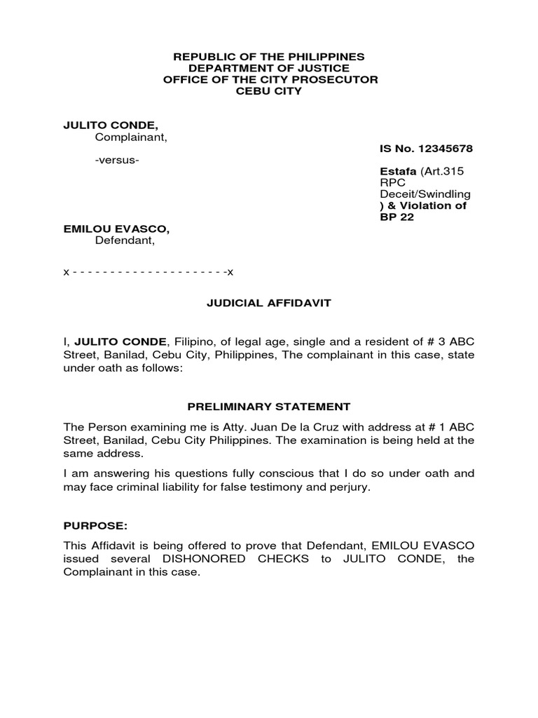 SAMPLE Judicial Affidavit for Estafa and BP 22 1 | Perjury | Cheque