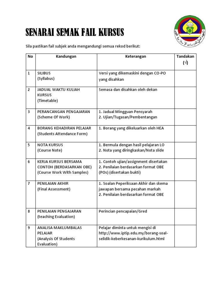 Senarai Semak Fail Kursus | PDF