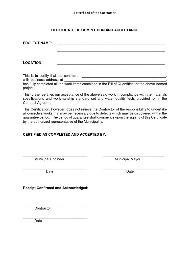 Sample Certificate of Completion & Acceptance | PDF | Specification ...