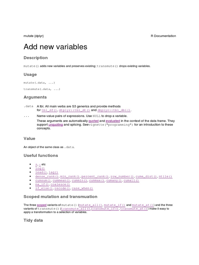Dplyr Mutate in R | PDF | Parameter (Computer Programming) | Variable (Computer Science)