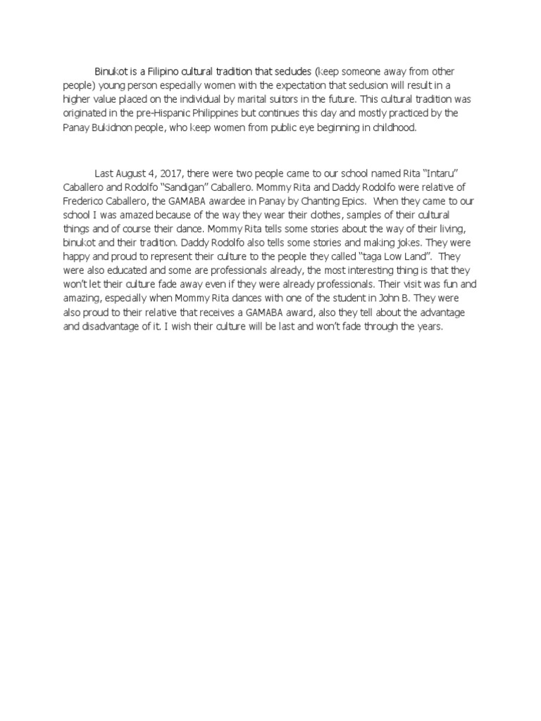 Binukot Is A Filipino Cultural Tradition That Secludes | PDF