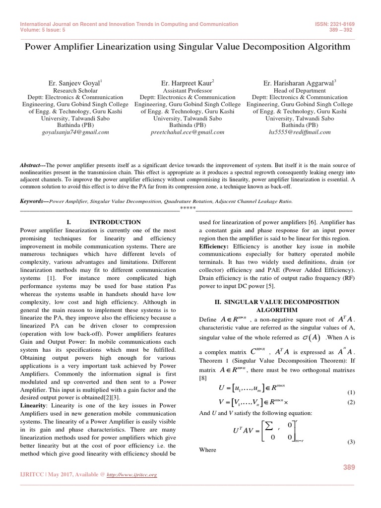 Power Amplifier Linearization Using Singular Value Decomposition Algorithm | PDF | Matrix ...