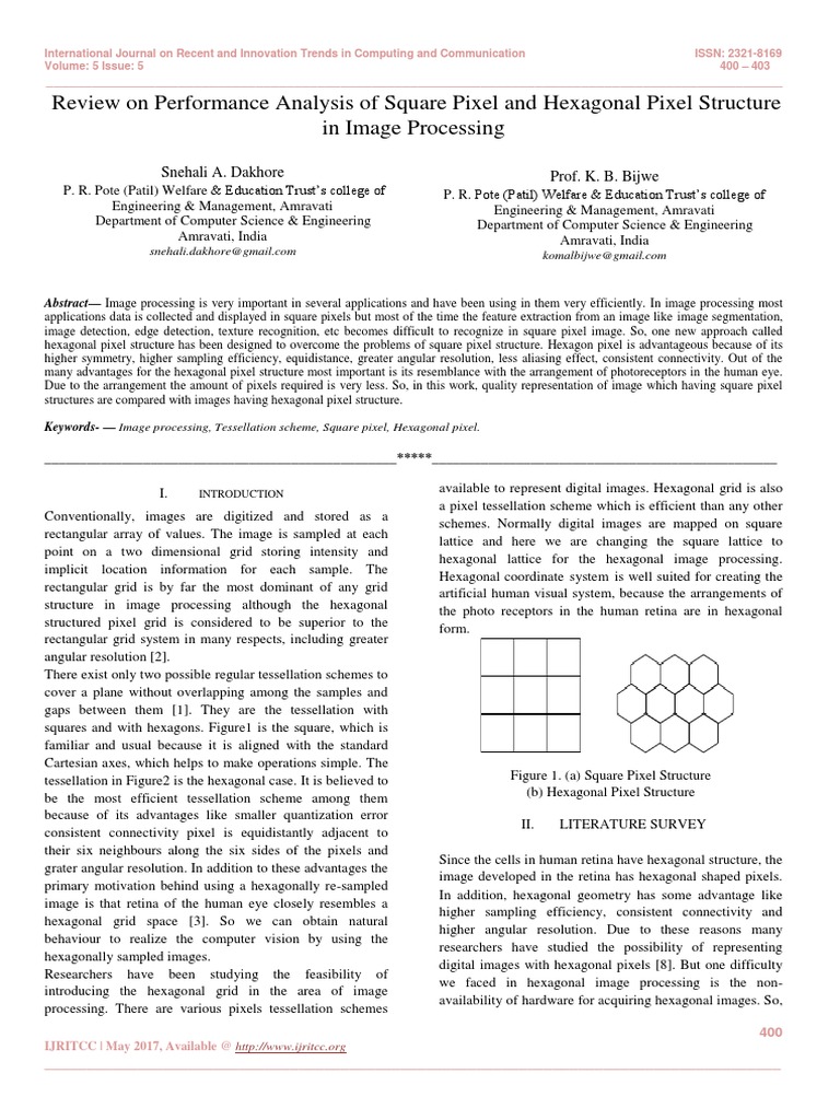 Review On Performance Analysis of Square Pixel and Hexagonal Pixel Structure in Image Processing ...