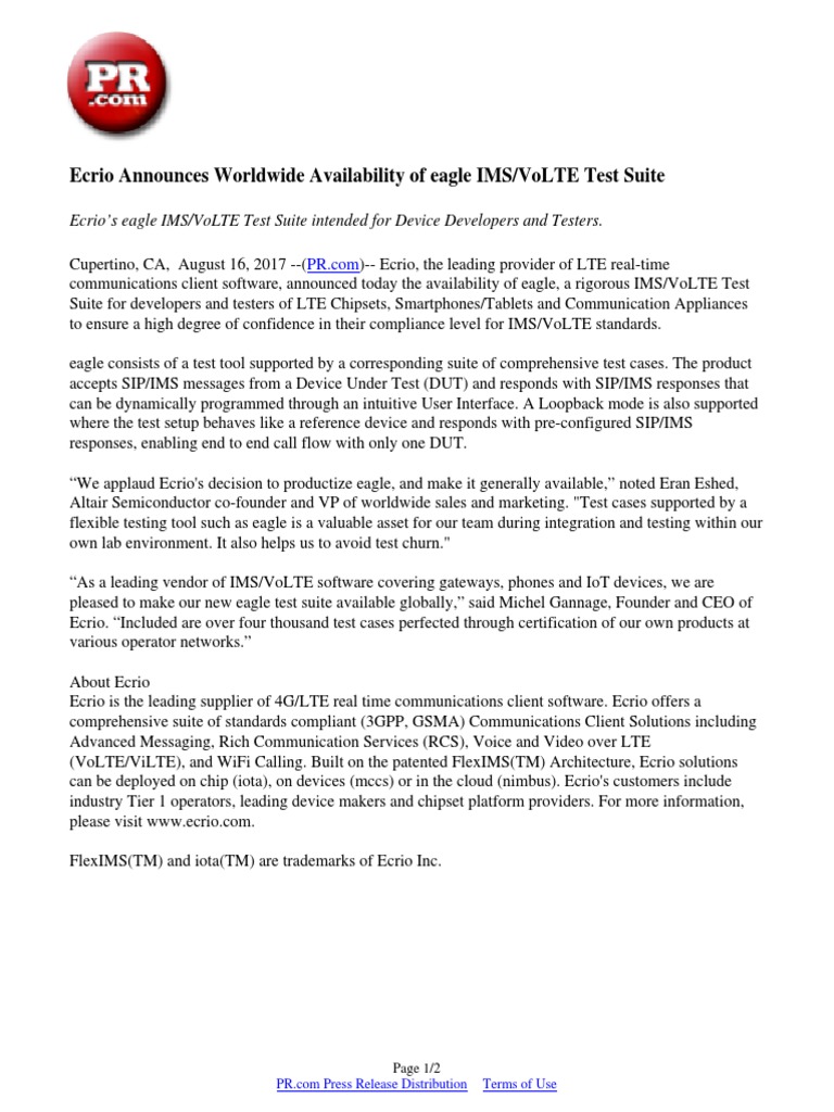 Ecrio Announces Worldwide Availability of Eagle IMS/VoLTE Test Suite ...
