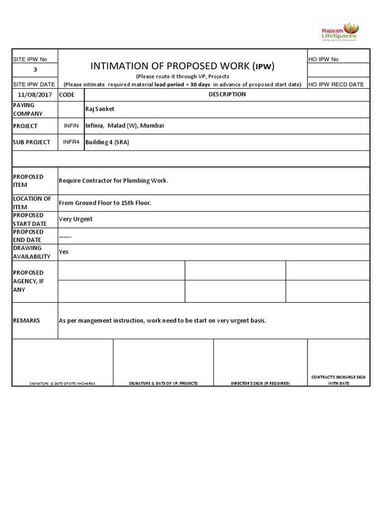 Intimation of Proposed Work | PDF