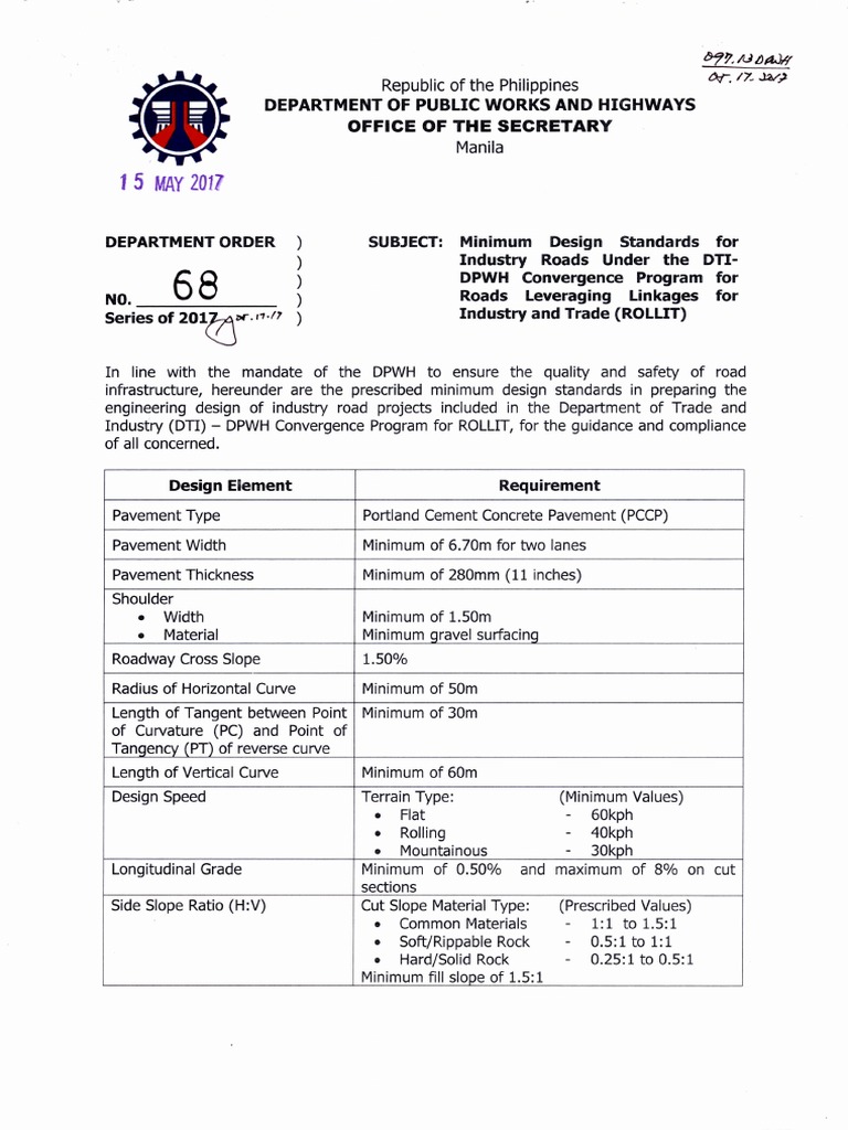 DPWH Min. Design Standard for Industry ROADS | Road Surface | Slope