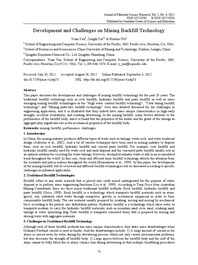 Development and Challenges On Mining Backfill Technology PDF | PDF ...