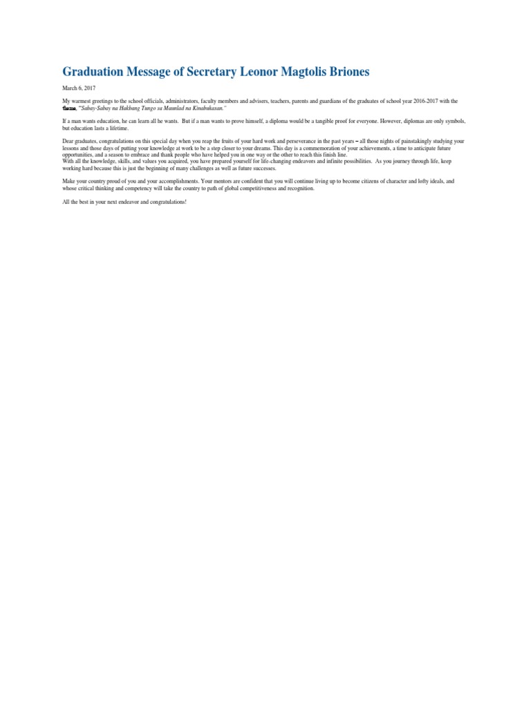 Graduation Message of Secretary Leonor Magtolis Briones | PDF | Self ...