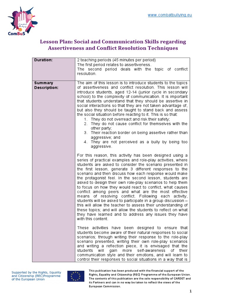 Assertiveness and Conflict Resolution Lesson | PDF | Bullying ...