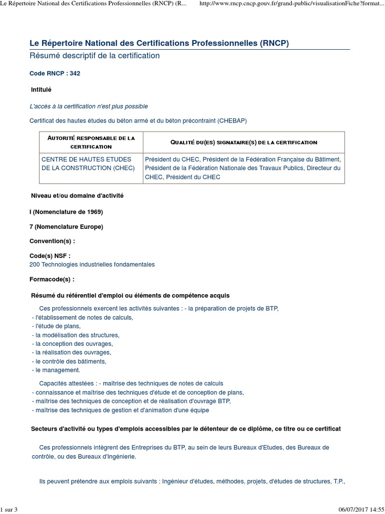 Le Répertoire National Des Certifications Professionnelles (RNCP) (Résumé Descriptif de La ...