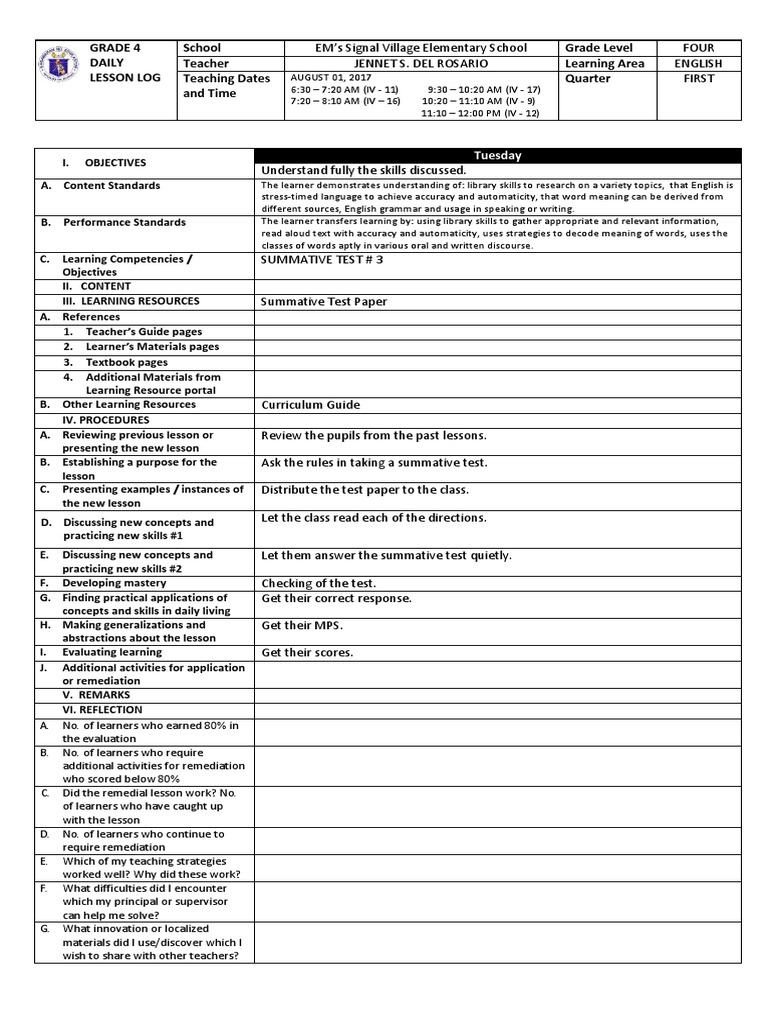 GRADE 4 DLL English Daily - Summative Test | PDF | English Language ...