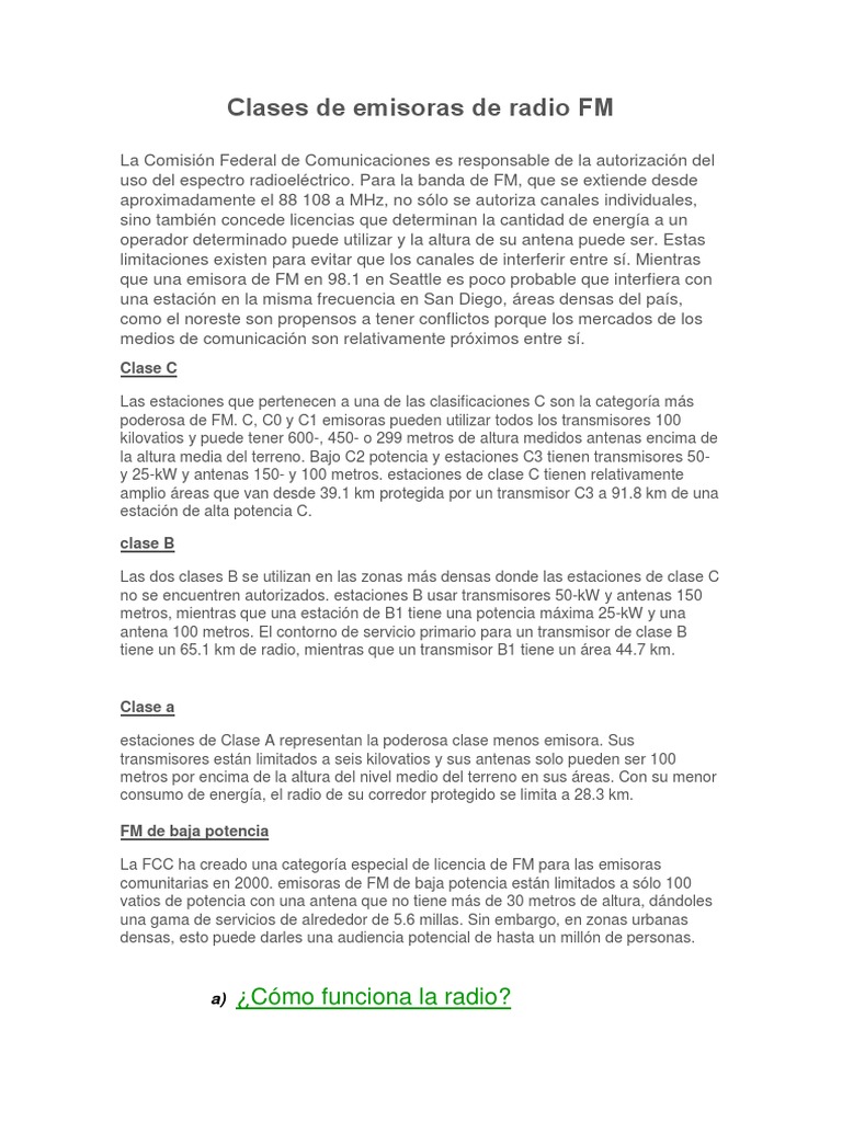 Clases de emisoras de radio FM | PDF | Modulación de frecuencia ...