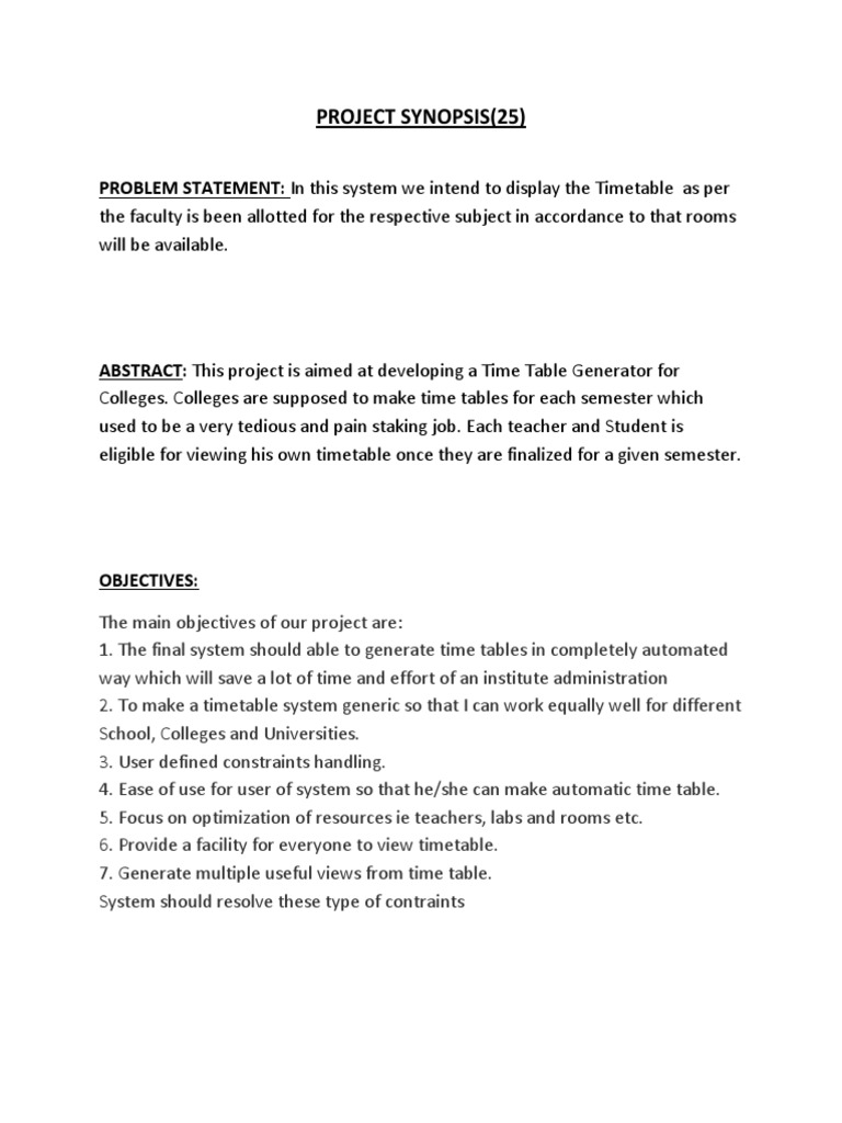 Project Synopsis For Automatic Timetable Generator | PDF | Microsoft Sql Server | Databases