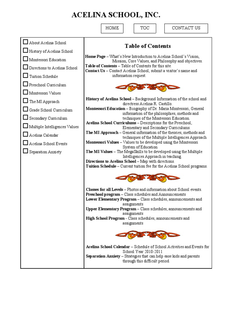 Acelina School Table of Contents Website | PDF | Montessori Education ...