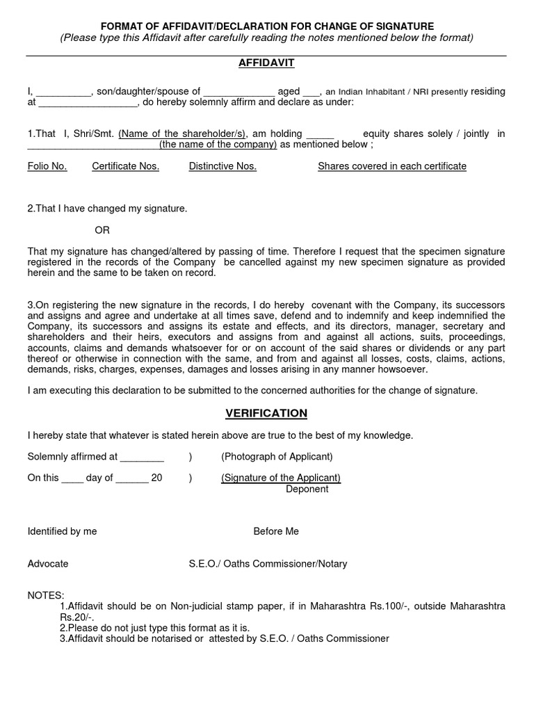 Annexure 5 Format of Affidavit For Change of Signature PDF | PDF ...