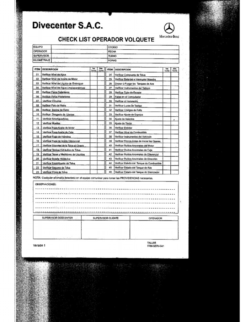 Check List Operador de Volquete | PDF