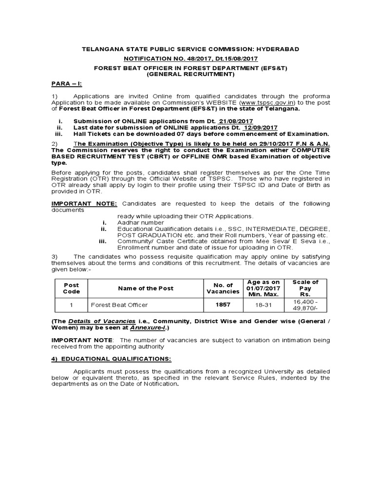 Notification TSPSC Forest Beat Officer Posts | PDF | Government