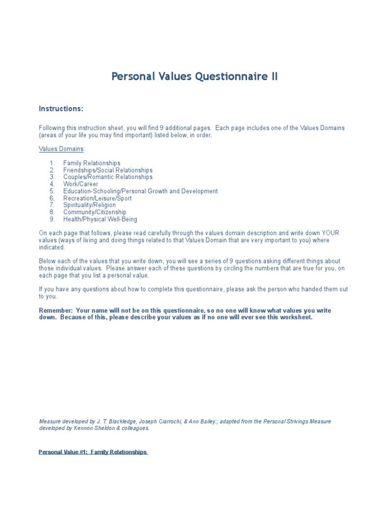 Personal Values Questionnaire II | PDF | Friendship | Spirituality