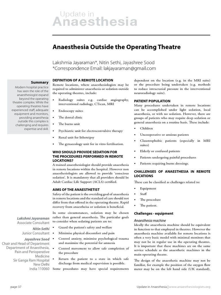 Anaesthesia in Remote Locations | PDF | Anesthesia | Magnetic Resonance ...