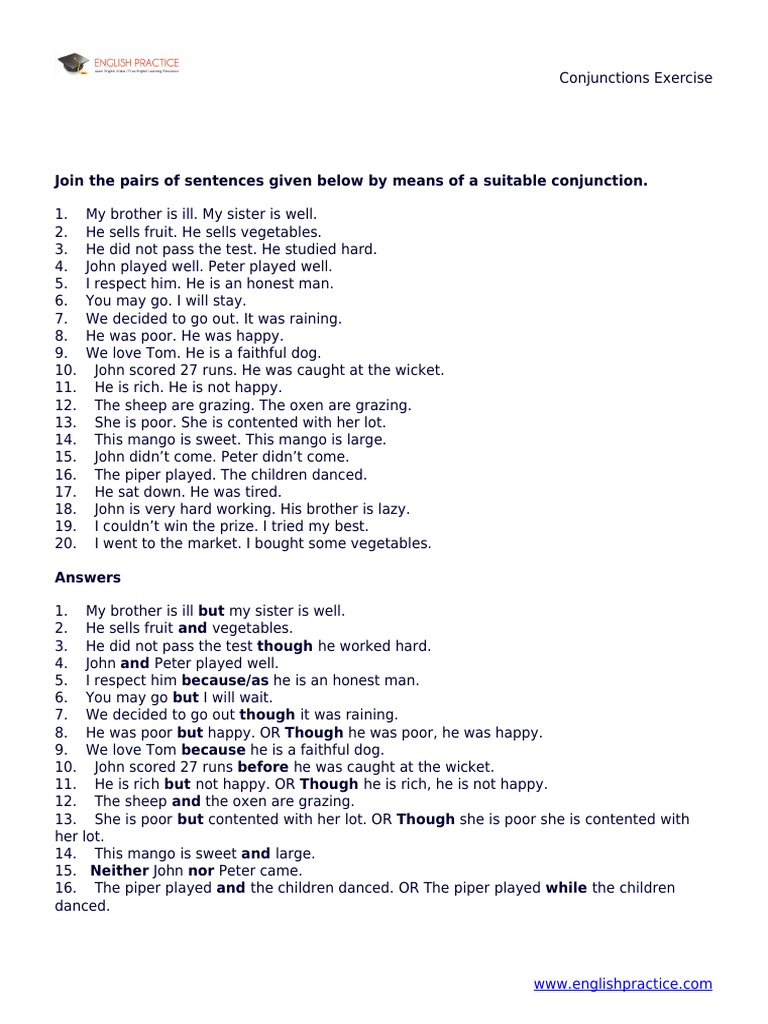 Conjunctions Exercise PDF | PDF