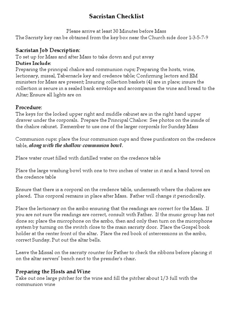 Sacristan Procedures 2017 | PDF | Altar | Mass (Liturgy)