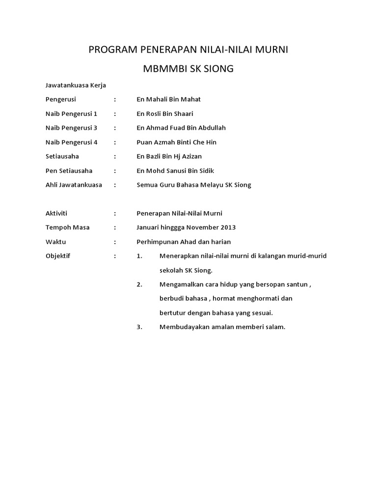 Program Penerapan Nilai Mbmmbi | PDF