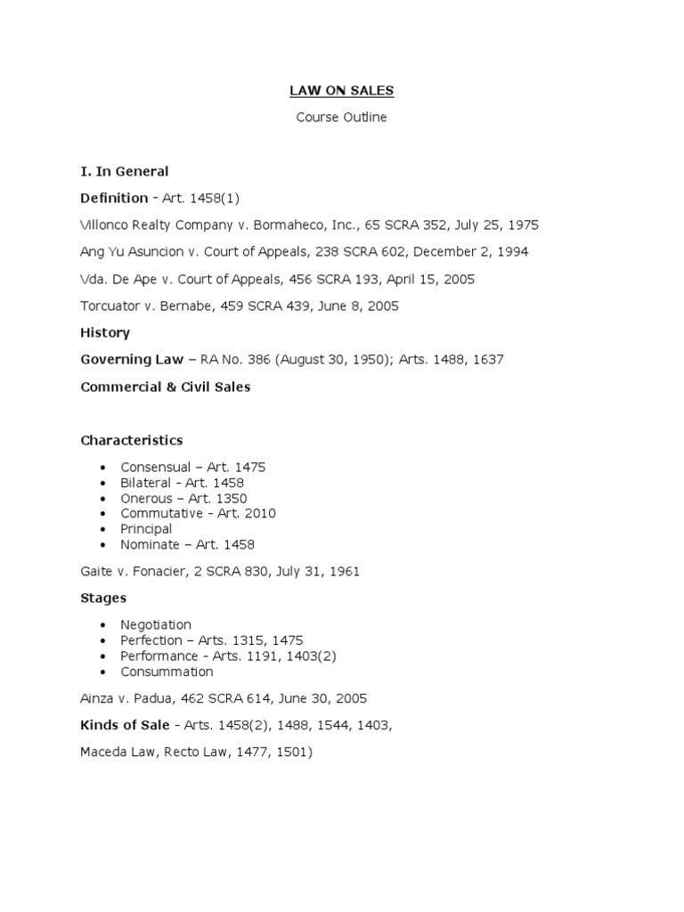 Law On Sales Course Outline | PDF | Specific Performance | Legal Ethics