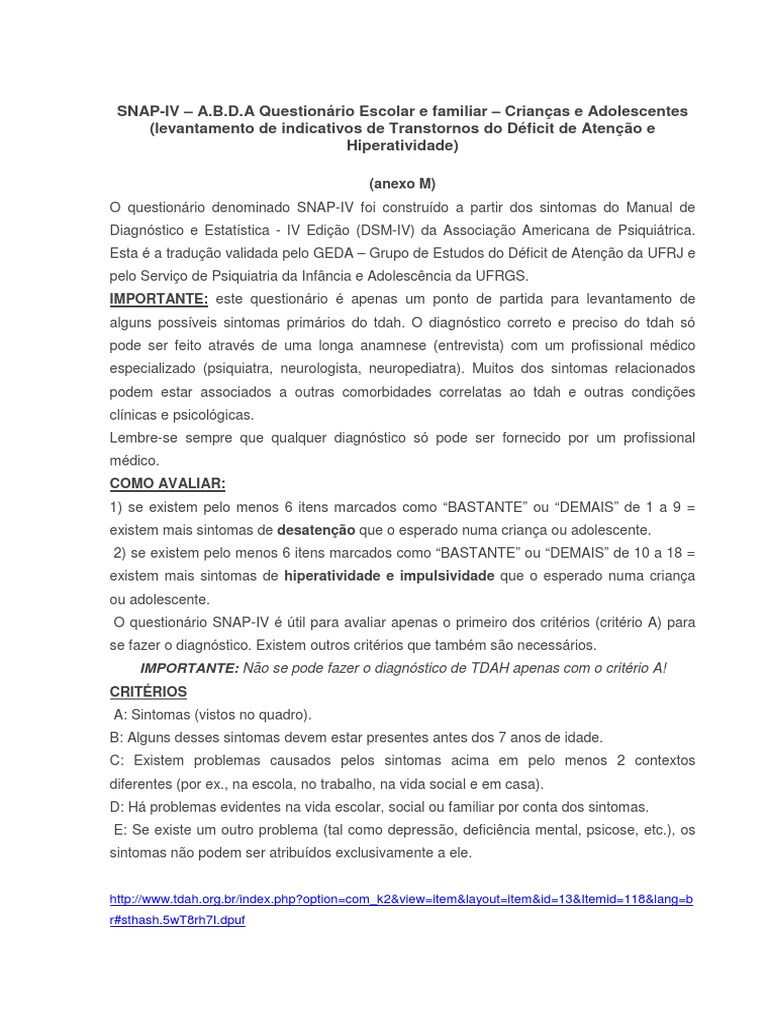 Questionário SNAP-IV para TDAH | PDF