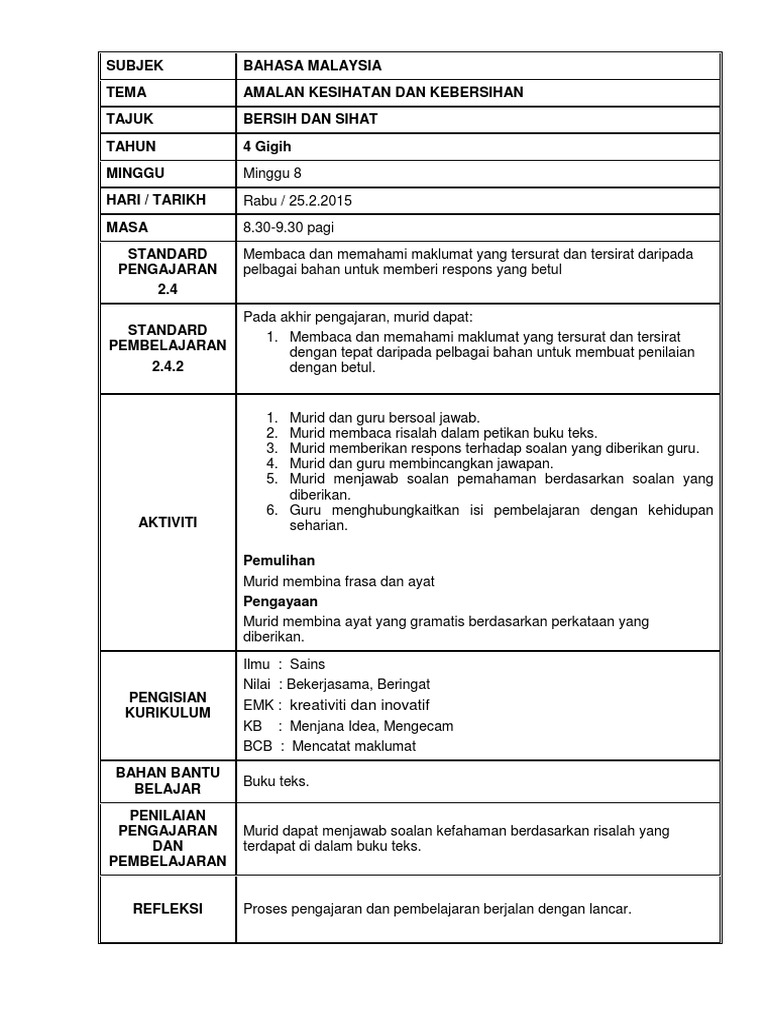 RPH BM Tahun 4 2015 | PDF