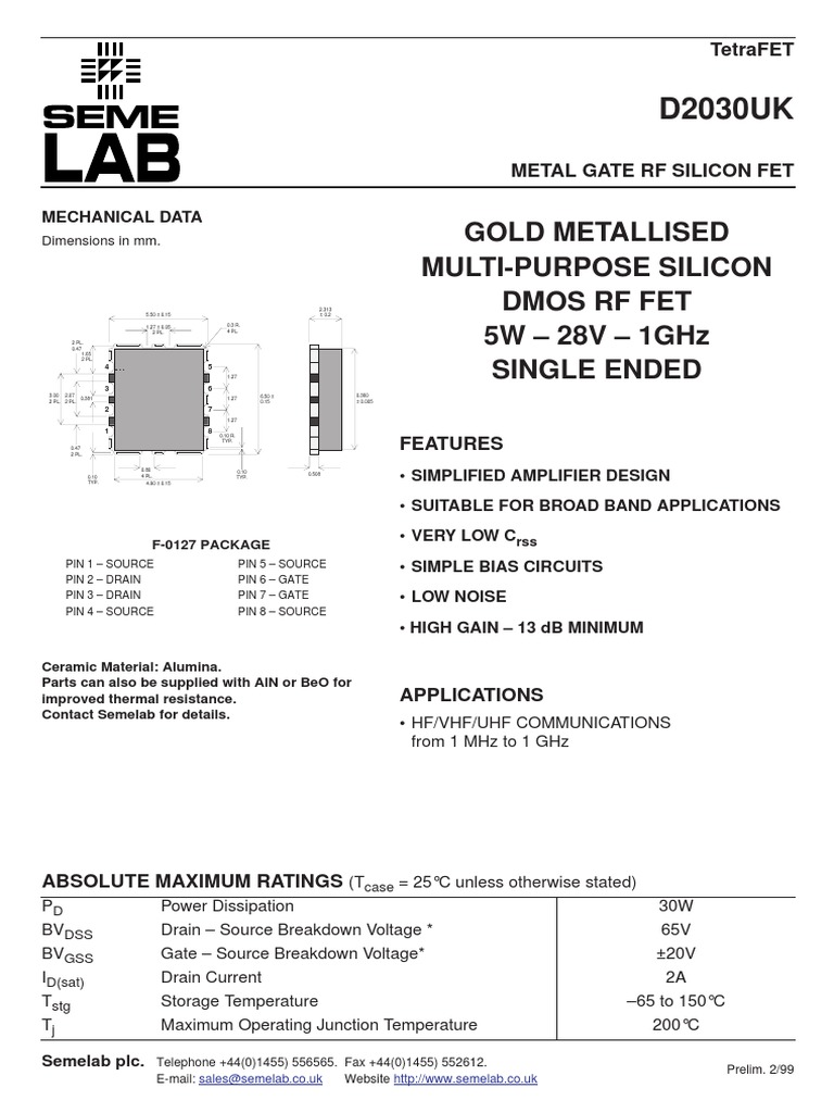 Gold Metallised Multi-Purpose Silicon Dmos RF Fet 5W - 28V - 1Ghz ...