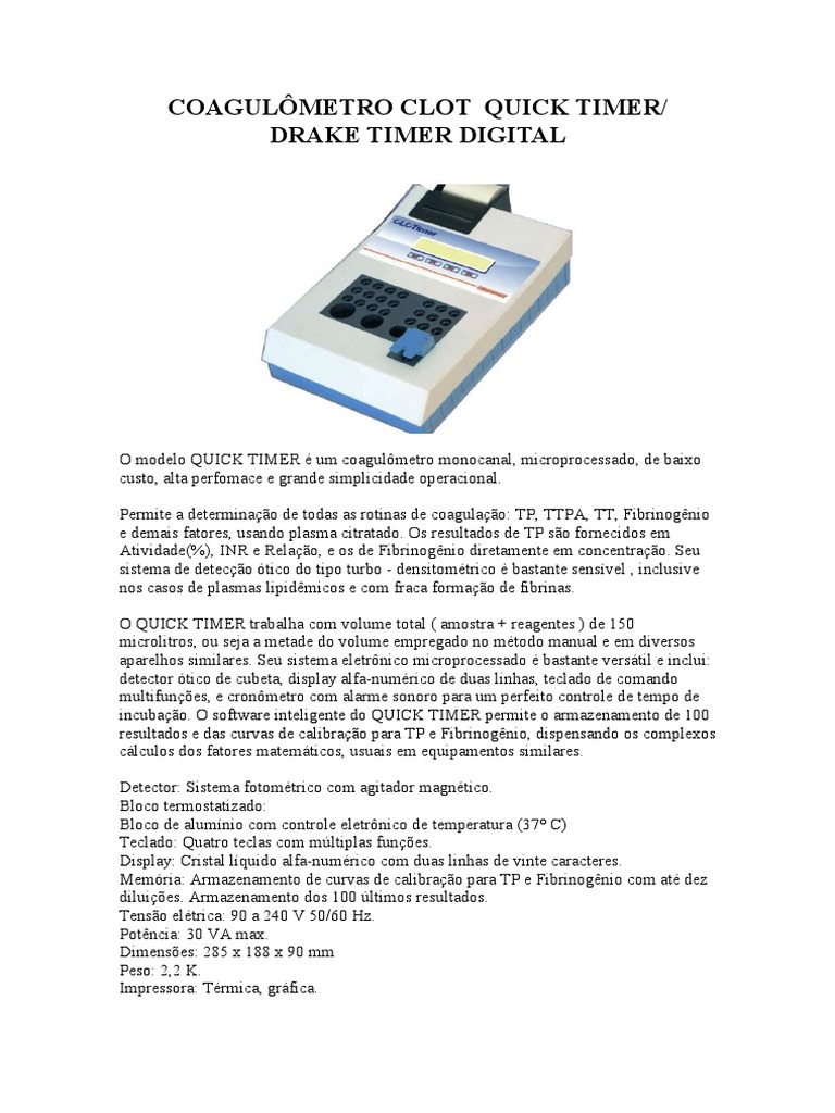 COAGULÔMETRO CLOT QUICK TIMER/ DRAKE TIMER DIGITAL | PDF