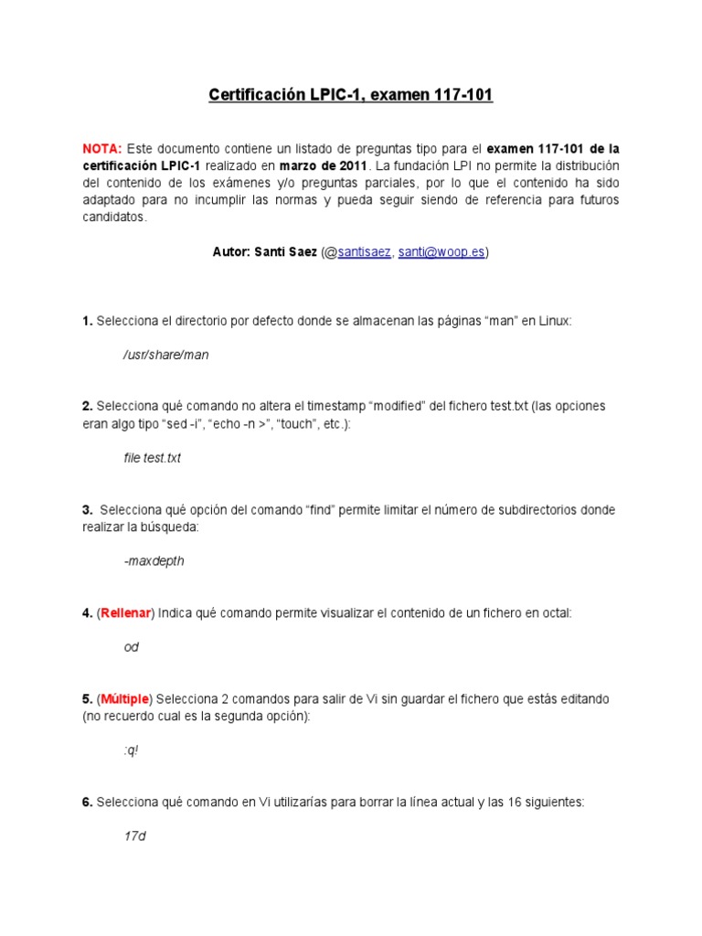 Examen LPIC-1 117-101: Preguntas y respuestas sobre administración de sistemas Linux | PDF
