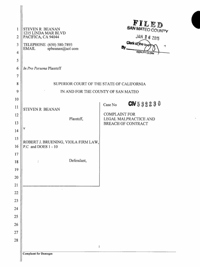 Legal Malpractice Complaint: Beanan v. Bruening | PDF | Costs In ...