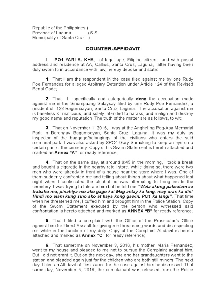 COUNTER AFFIDAVIT - Practice Court - Arbitrary Detention | PDF | Human ...