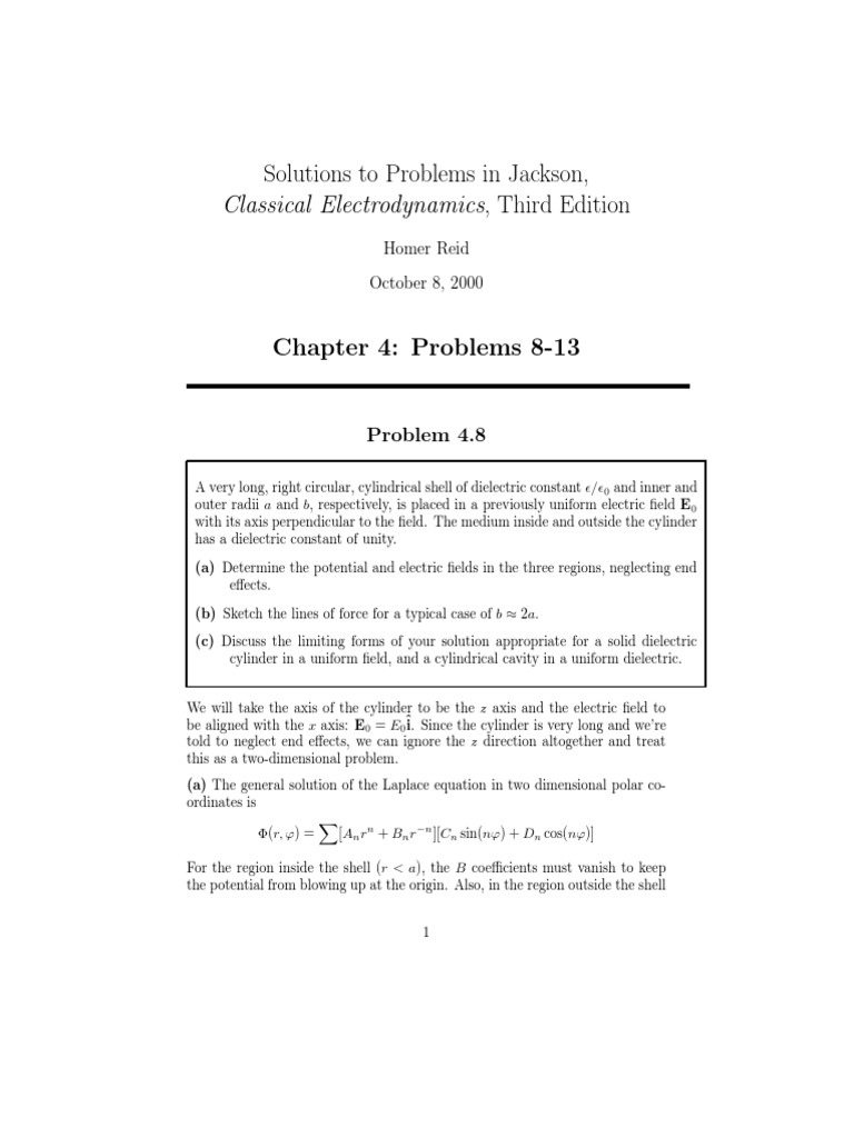 Solutions To Problems in Jackson, Classical Electrodynamics, Third ...