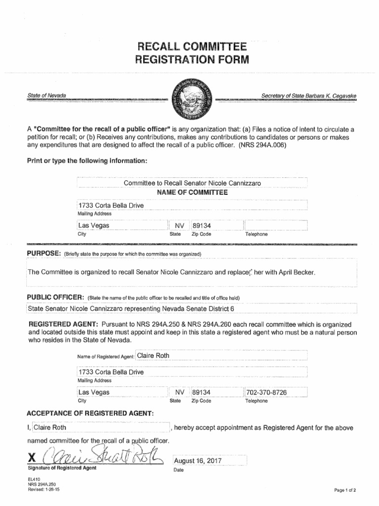 Committee To Recall Senator Nicole Cannizzaro Registration Form | PDF