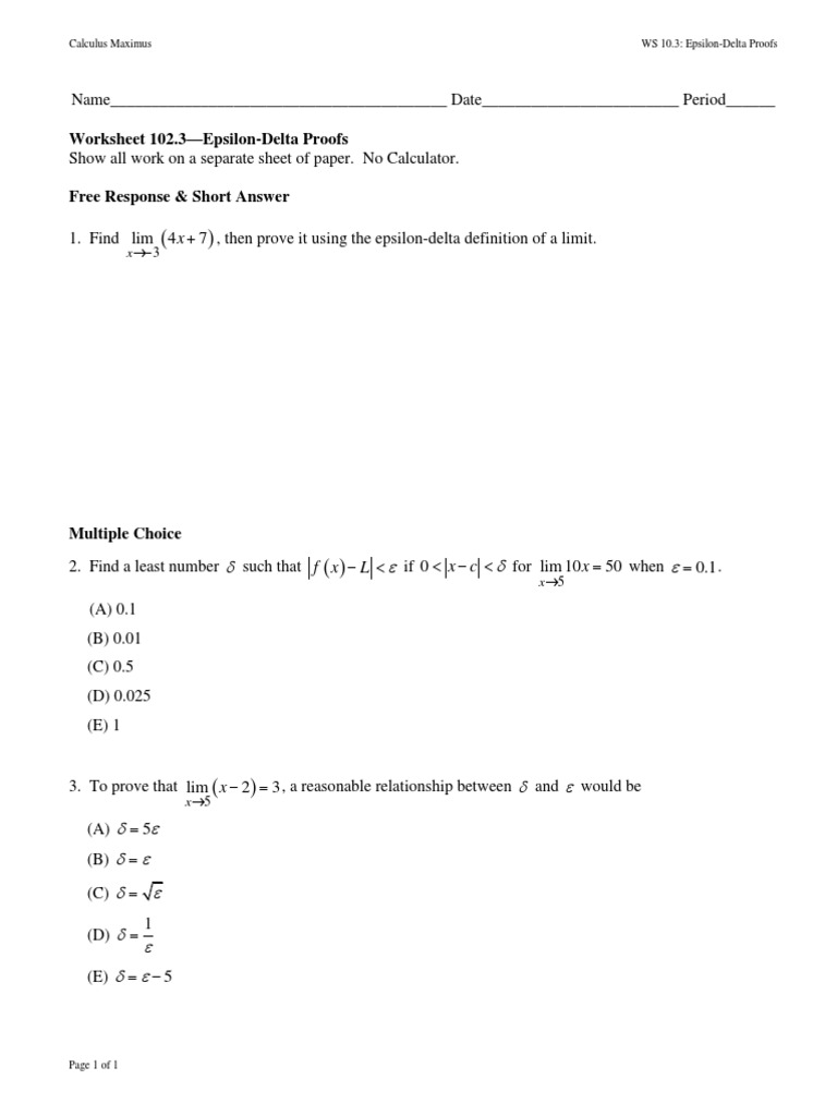 Worksheet 102.3-Epsilon-Delta Proofs: FX L X | PDF
