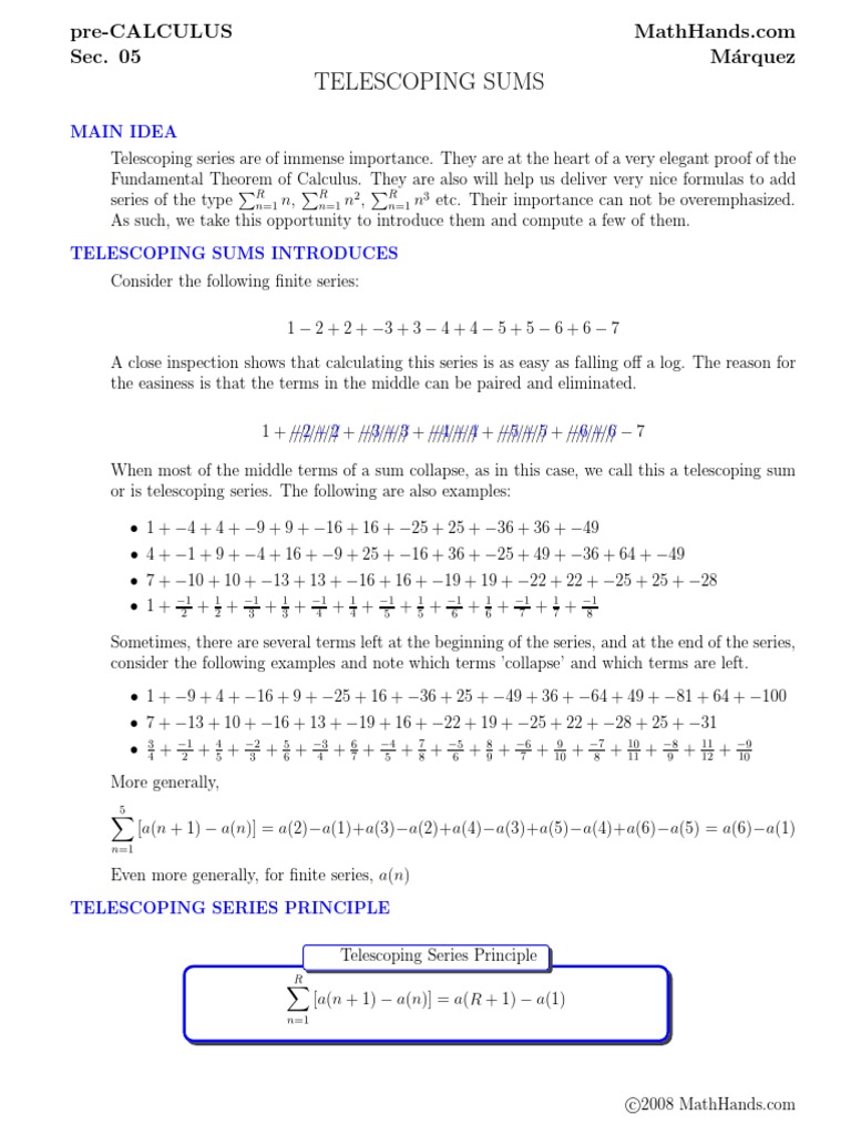 Telescoping Sums: Main Idea | PDF | Teaching Mathematics | Mathematical ...
