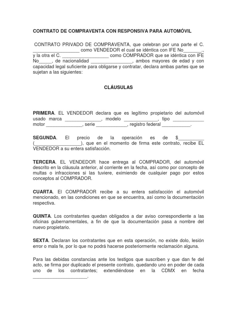Contrato De Compraventa Automóvil Pdf