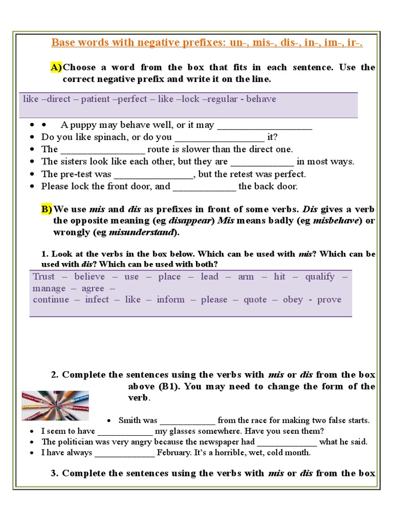 Base Words With Negative Prefixes: Un-, Mis-, Dis-, In-, Im-, Ir ...