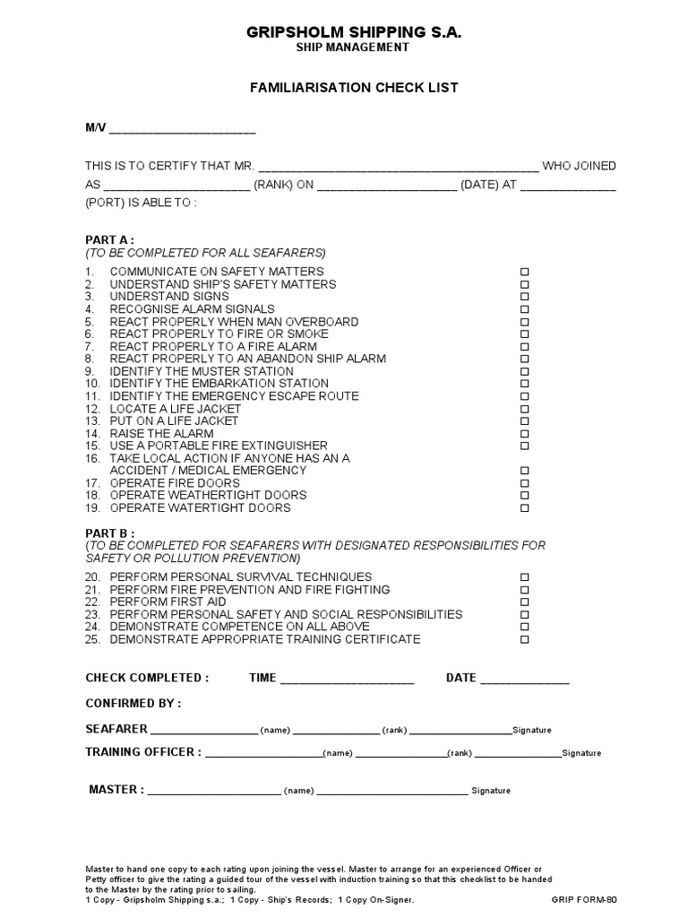 Gripsholm Shipping S.A.: Familiarisation Check List | PDF | Ships ...
