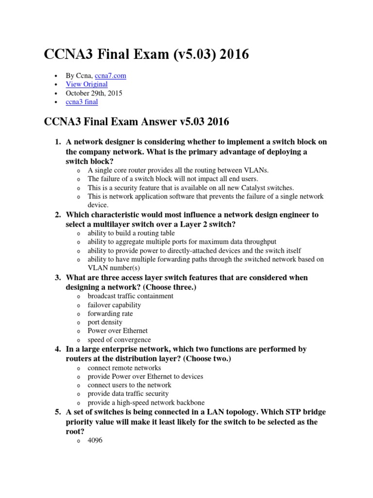 CCNA3 Final Exam Answer v5.03 2016 | PDF | Network Switch | Router (Computing)