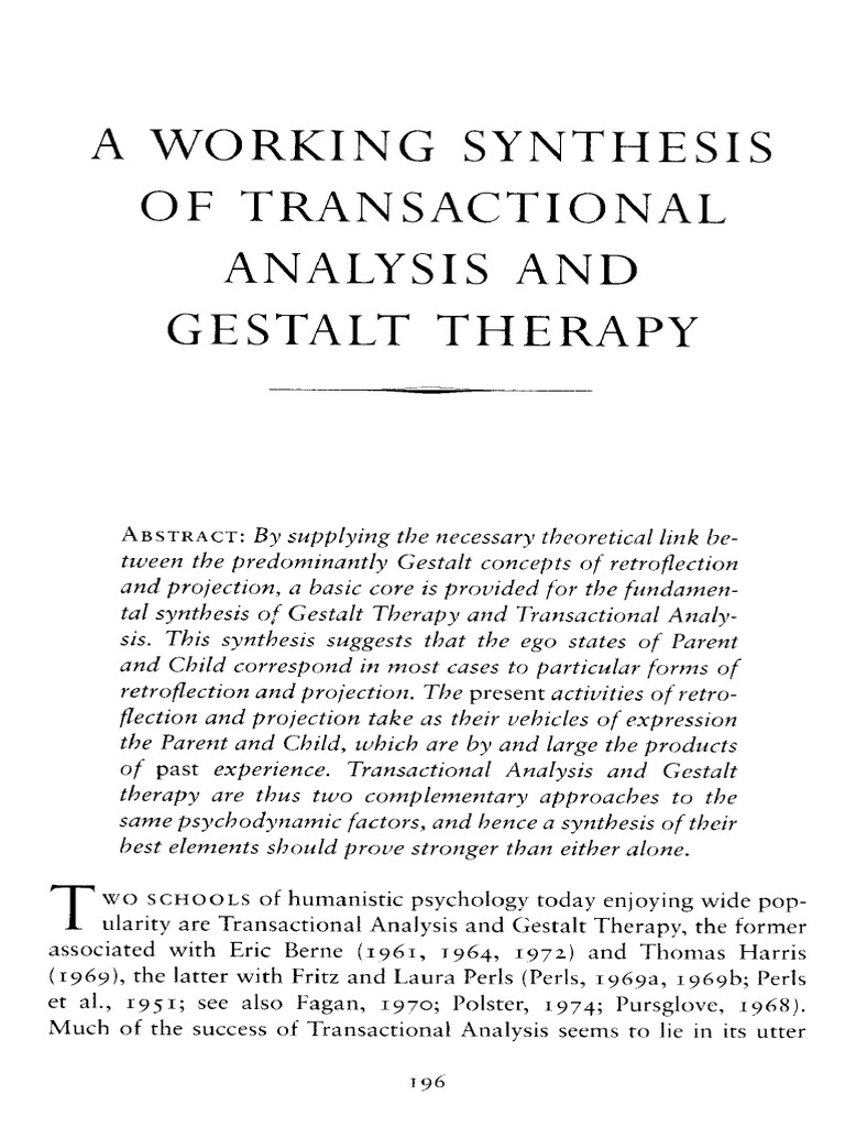 Ken Wilber A Working Synthesis of Transactional Analysis and Gestalt Therapy PDF | PDF