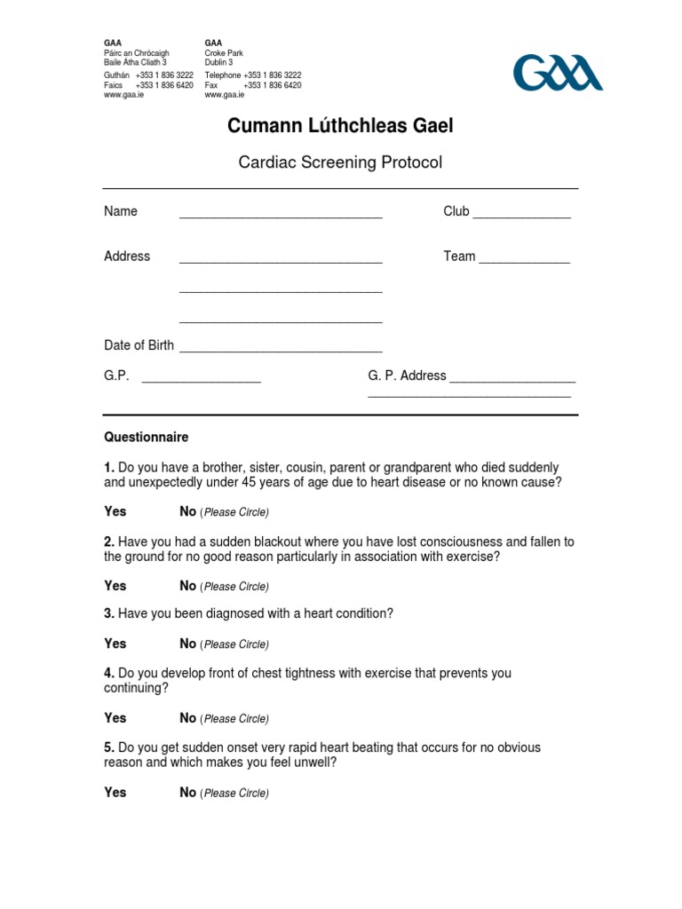 GAA Cardiac Screening Protocol | PDF