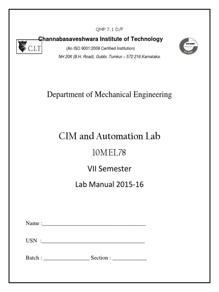 CIM and Automation Lab: Department of Mechanical Engineering | PDF | Numerical Control ...